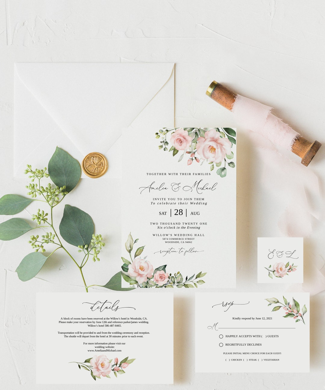 Blush Wedding Invitation Suite, Blush Floral Wedding Invitation ...