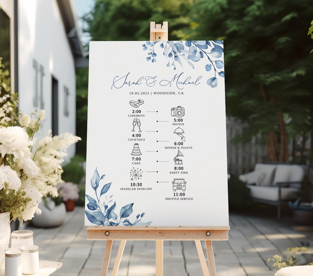Dusty Blue Wedding Order of the Day Sign, Blue Floral Wedding Timeline ...