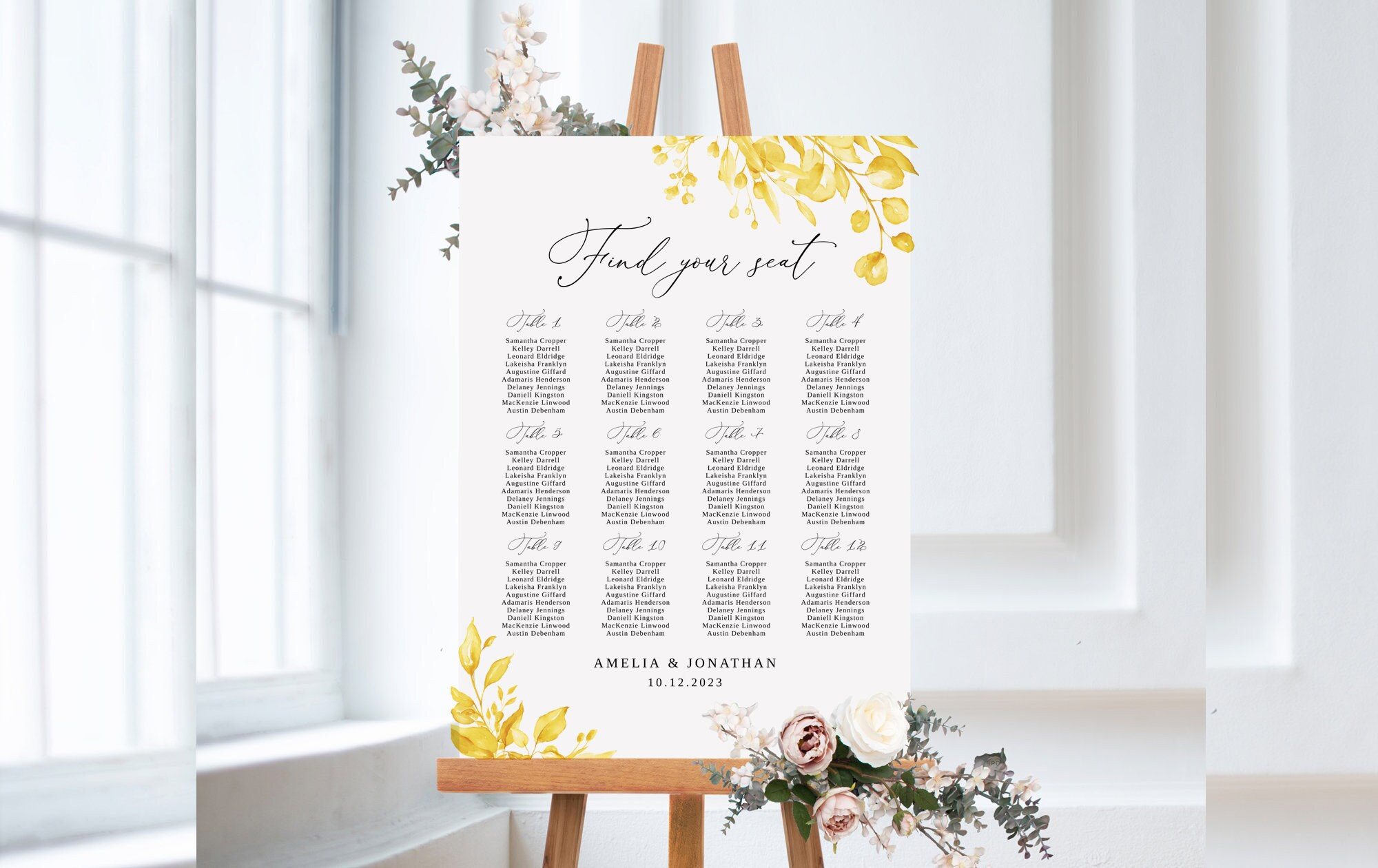 Yellow Wedding Seating Chart Template, Floral Wedding Seating Chart ...