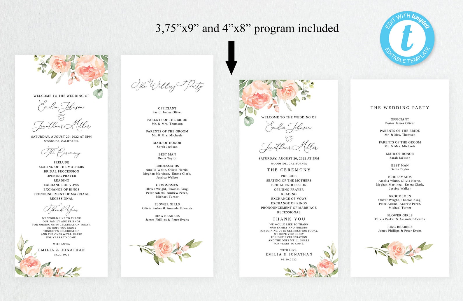 Peach Wedding Program Template, Floral Wedding Program, Floral Program ...
