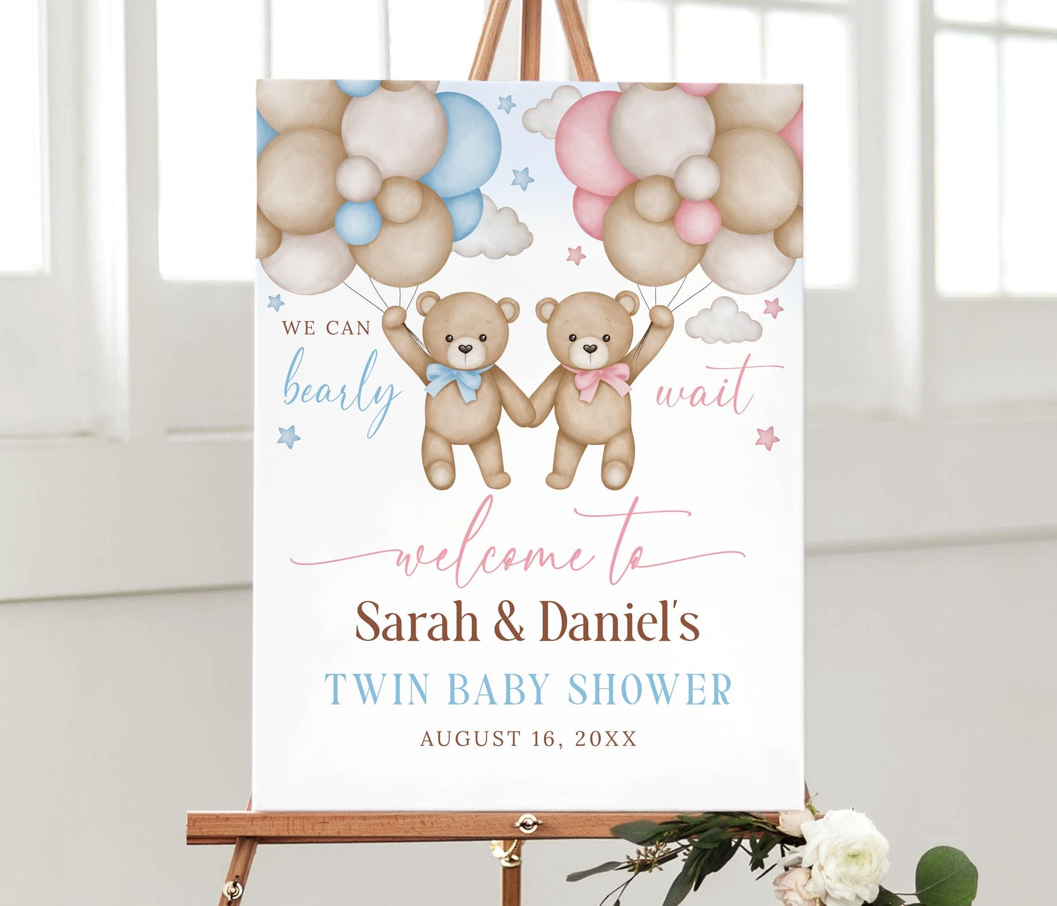 Editable Twin Boy and Girl Baby Shower Welcome Sign, Blue and Pink ...