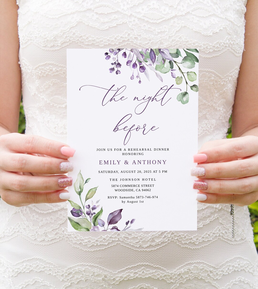 The Night Before Invitation, Purple and Green Rehearsal Dinner ...
