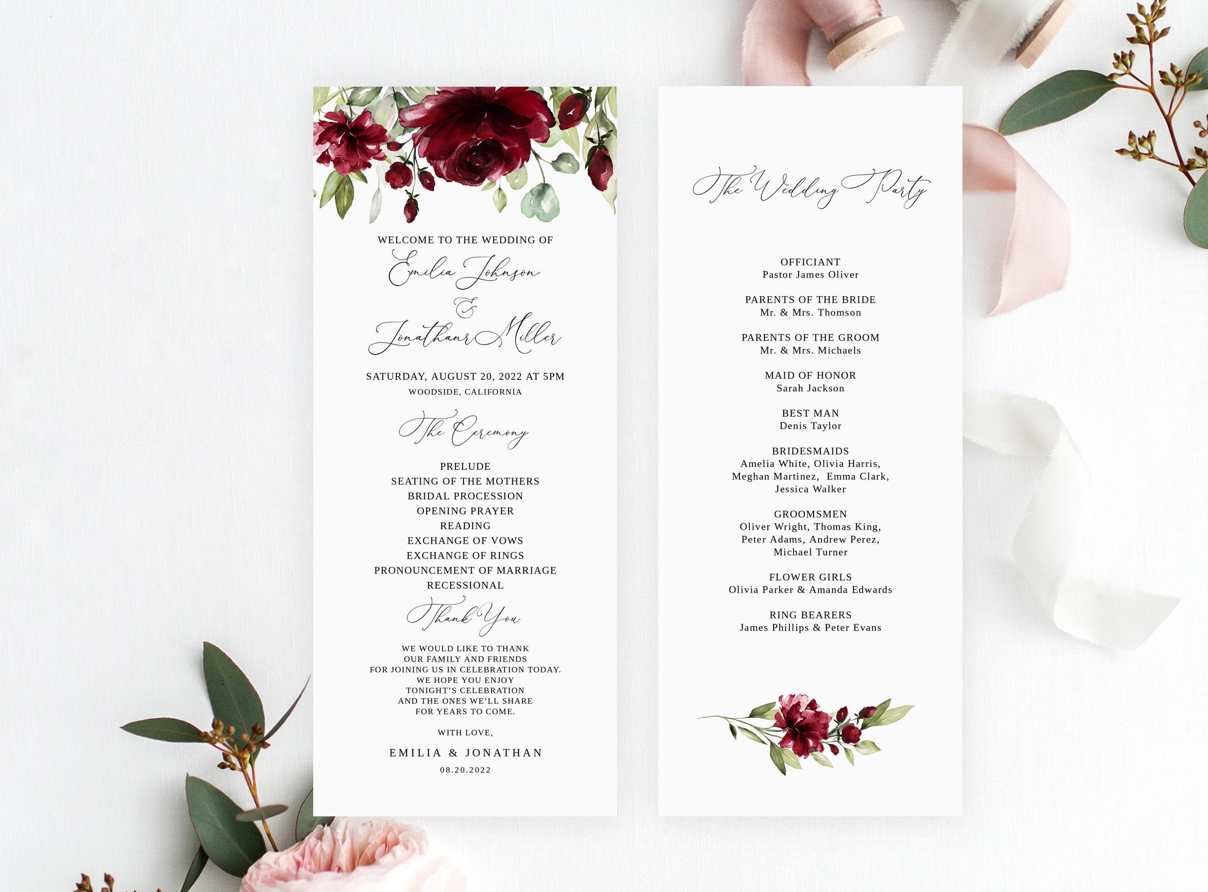 Burgundy Wedding Program Template Dark Red Wedding Program - Etsy