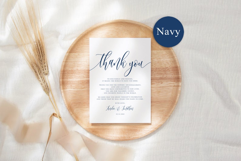 Navy Thank You Card, Blue Wedding Thank You Card Template, Navy Thank ...