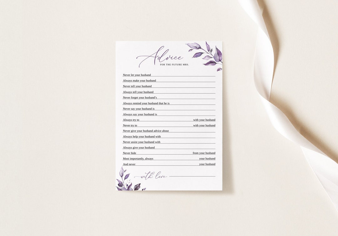 Dusty Purple Bridal Shower Advice Card Template, Purple Advice Cards ...