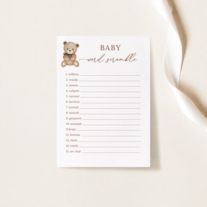 Baby Word Scramble Game Template, Teddy Bear Baby Shower Quiz, Editable ...