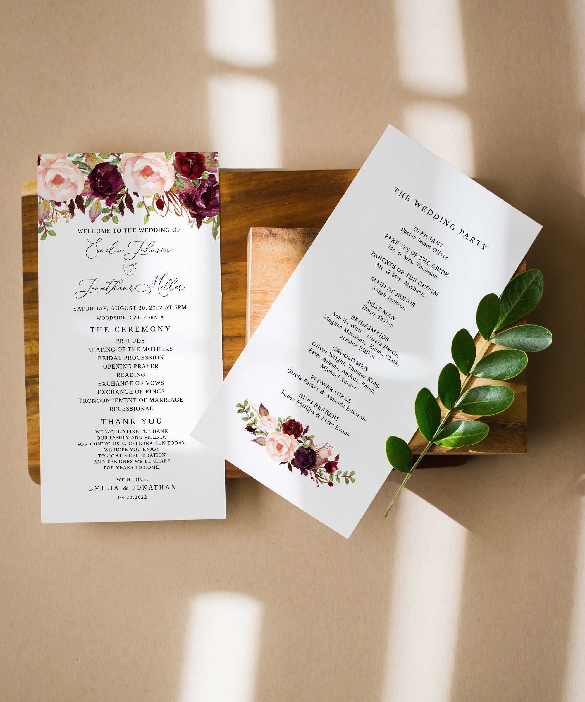 Burgundy Wedding Program Template Marsala and Blush Wedding | Etsy