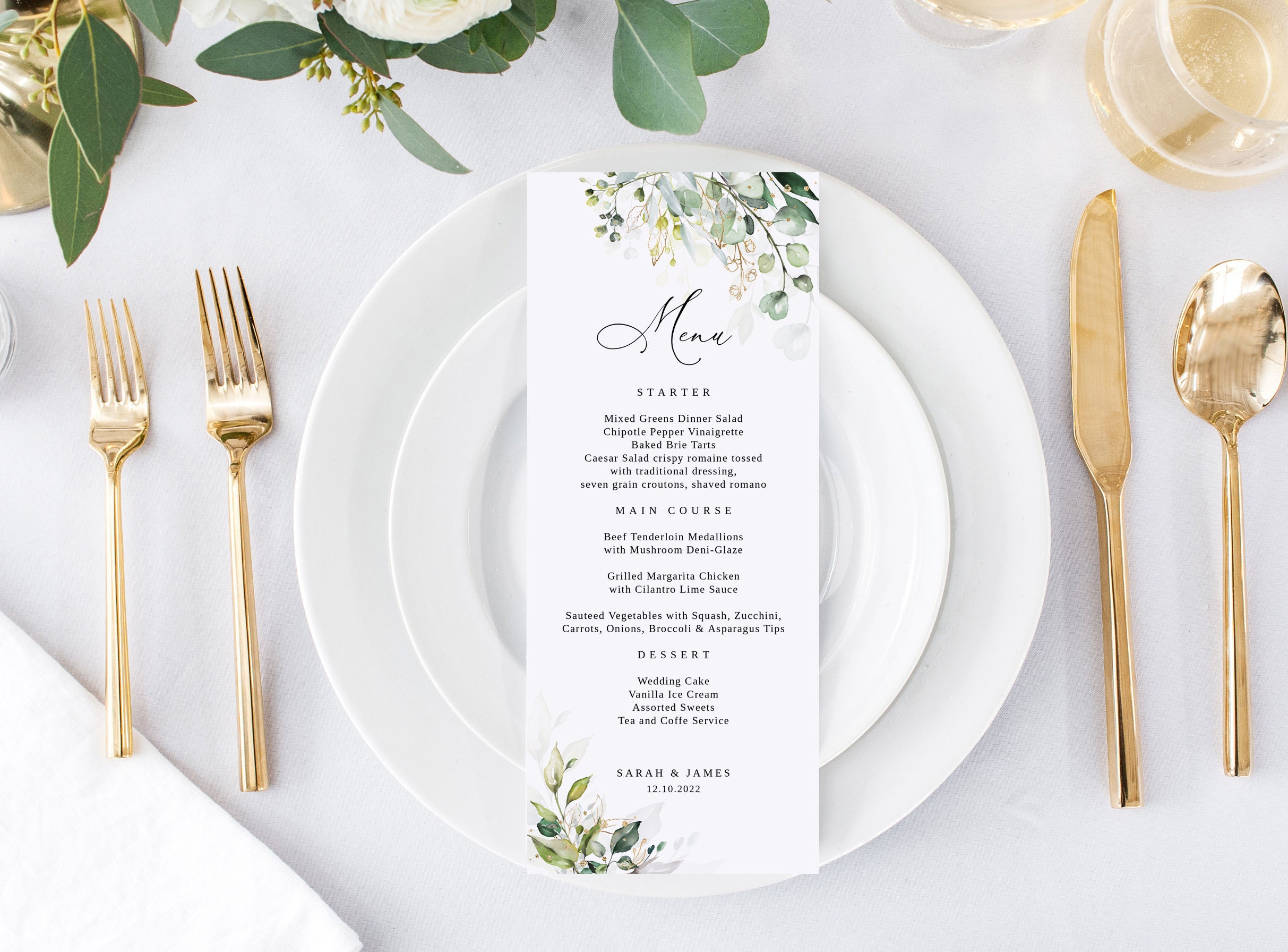 Botanical Wedding Menu Template Greenery and Gold Wedding - Etsy