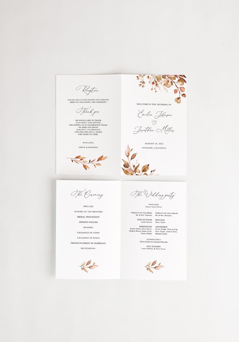 Fall Wedding Program Template Autumn Wedding Program Folded - Etsy