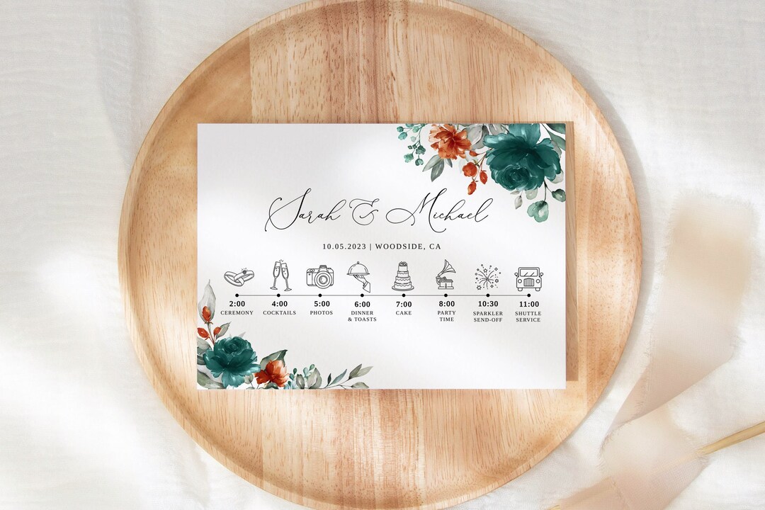 Orange Teal Wedding Order of Events Card Template, Teal Orange Wedding ...