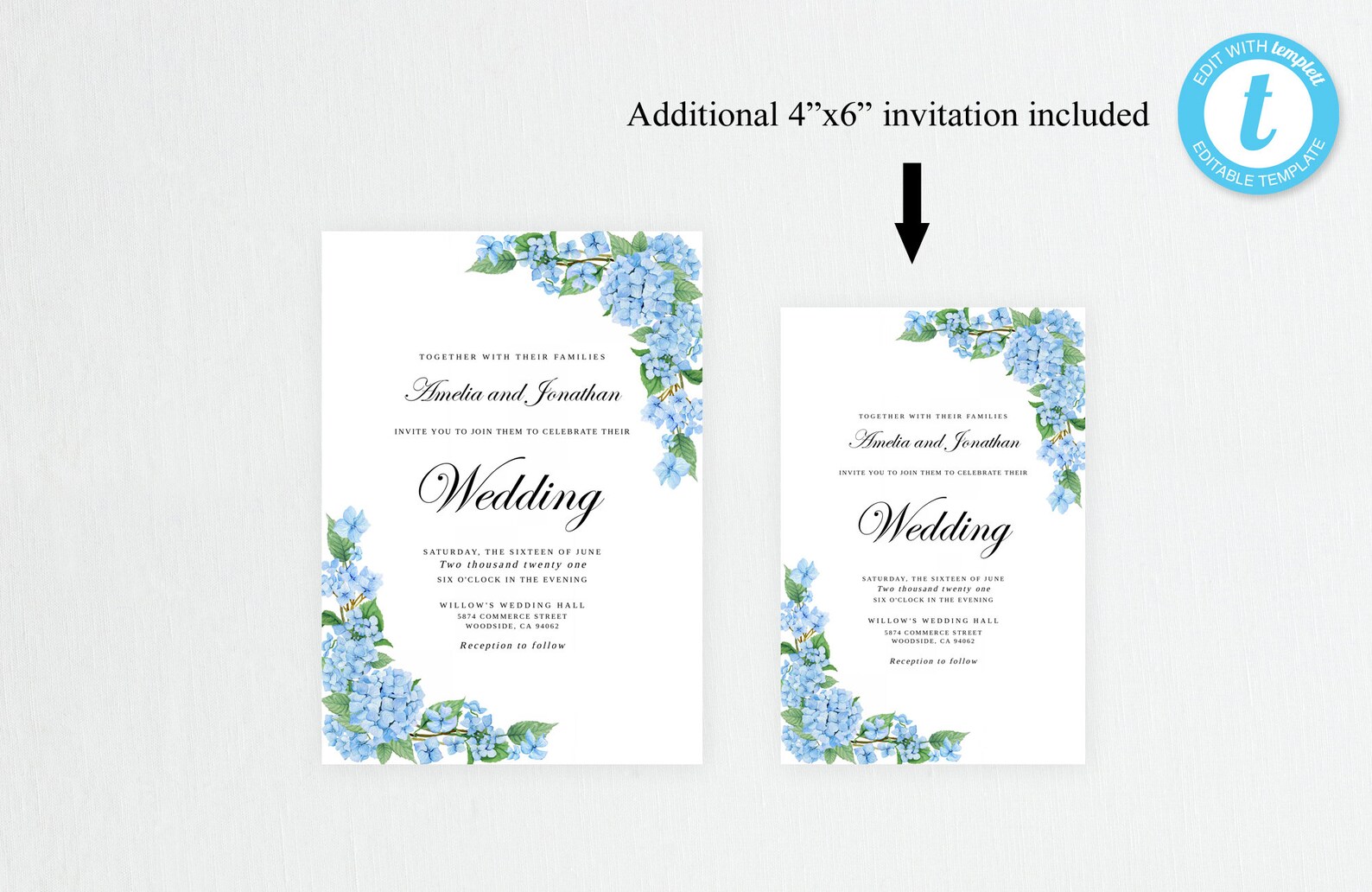 Blue Hydrangea Wedding Invitation Printable Wedding | Etsy