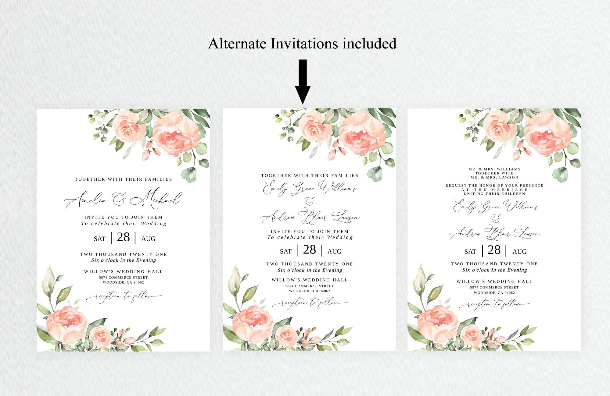Peach Wedding Invitation, Floral Wedding Invitation Template, Coral ...