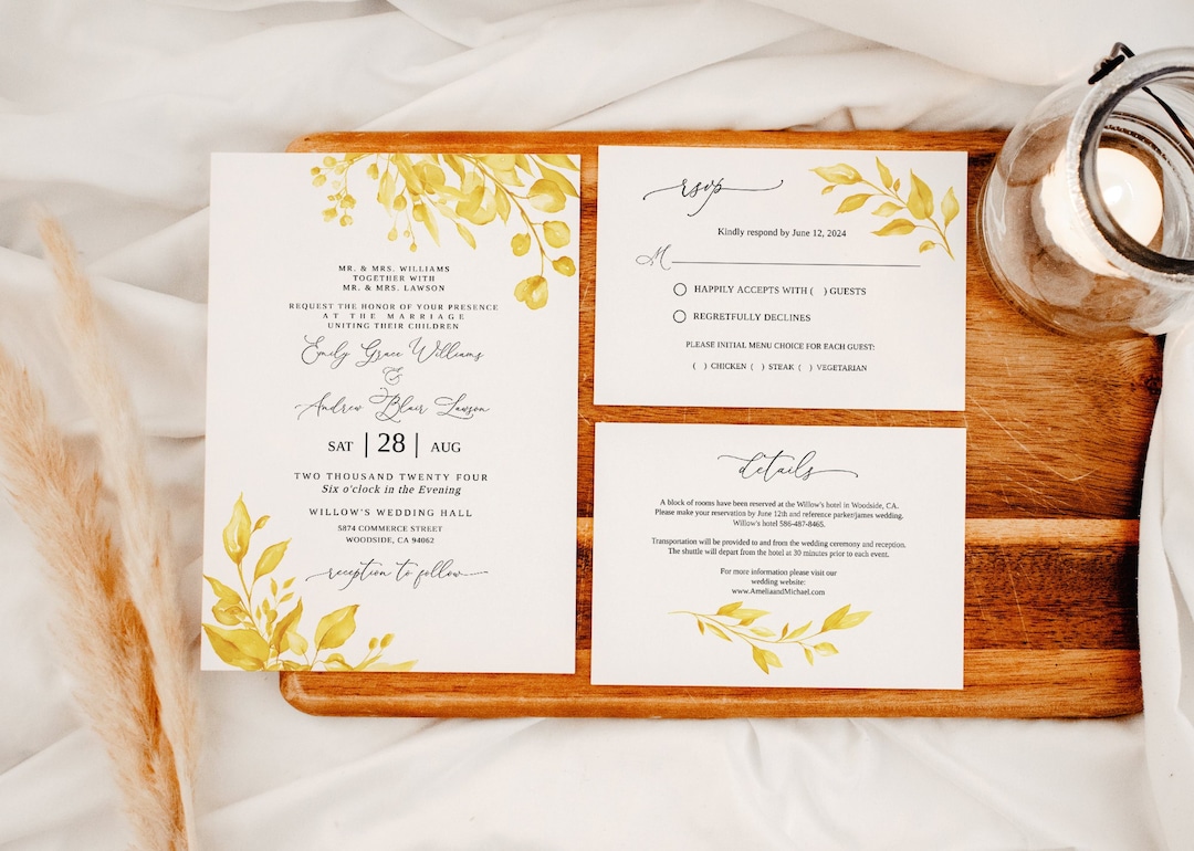 Yellow Wedding Invitation Template, Watercolor Yellow Invitation ...