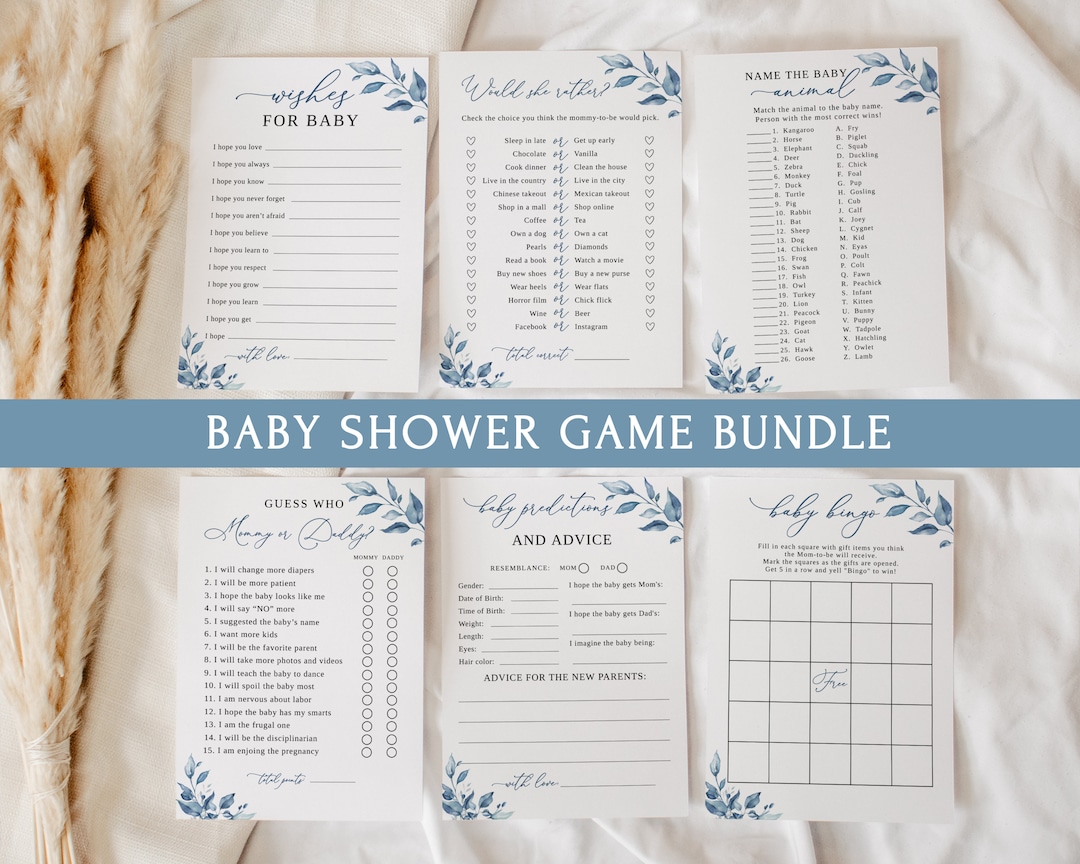 Dusty Blue Baby Shower Game Bundle, 16 Baby Shower Games and Cards ...
