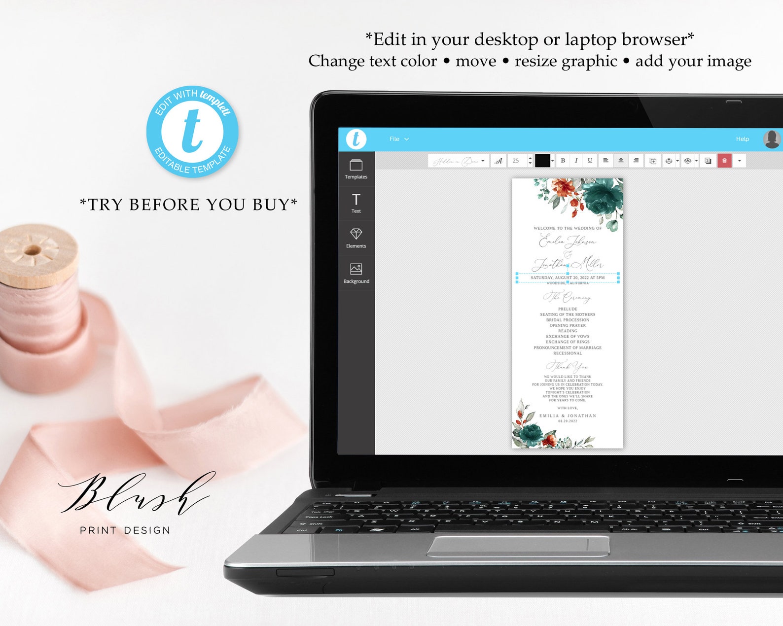 Teal and Orange Wedding Program Template, Teal Orange Program ...