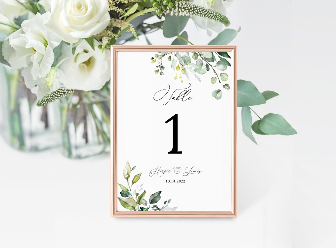 Greenery Wedding Table Numbers, Table Number Template, Seating Card ...