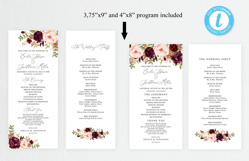 Burgundy Wedding Program Template Marsala and Blush Wedding | Etsy