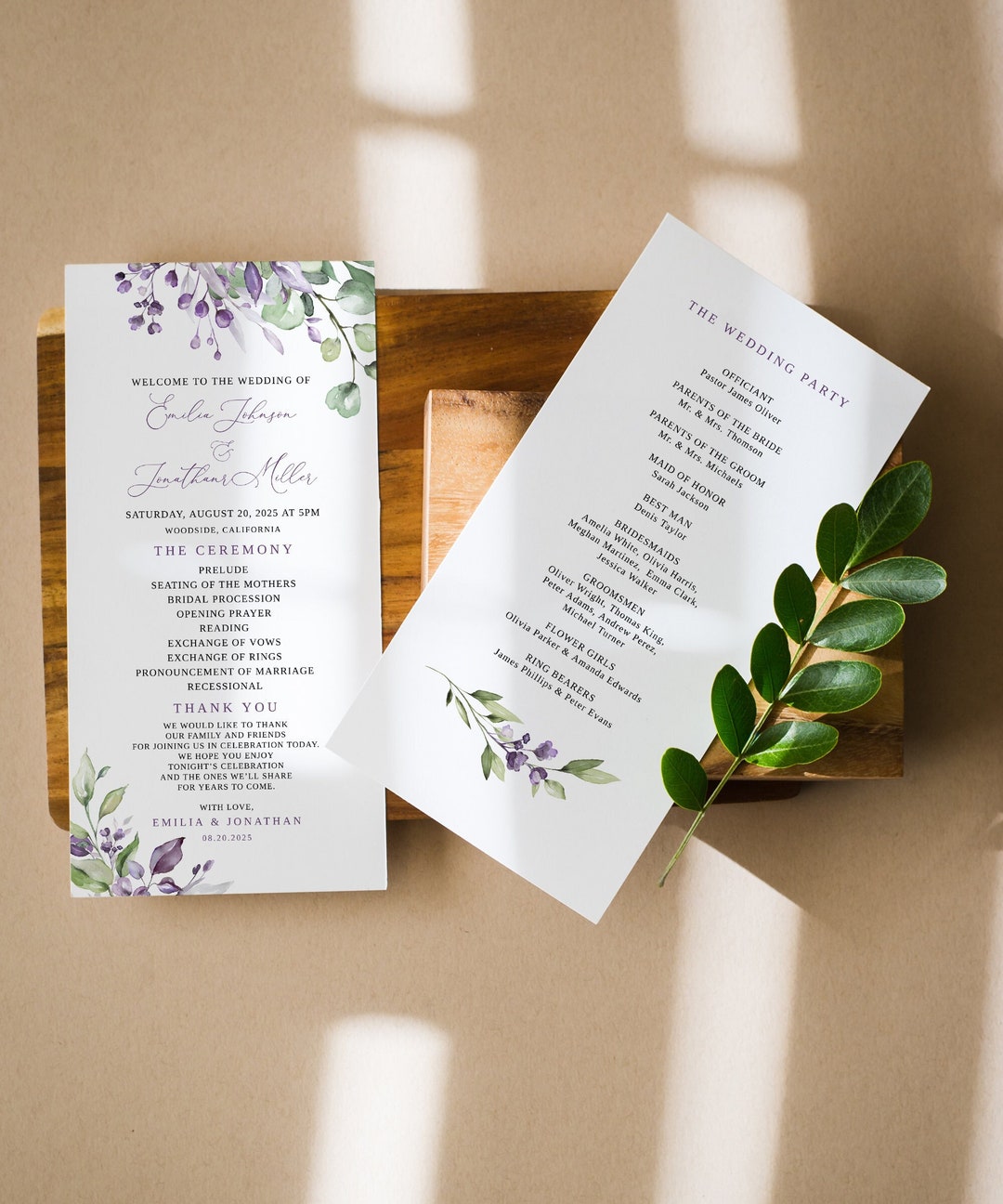 Green Purple Wedding Program Template, Lavender Wedding Program, Floral ...
