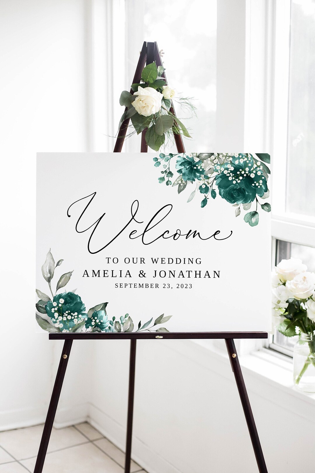 Teal and Baby's Breath Wedding Welcome Sign, Teal Wedding Welcome Sign ...