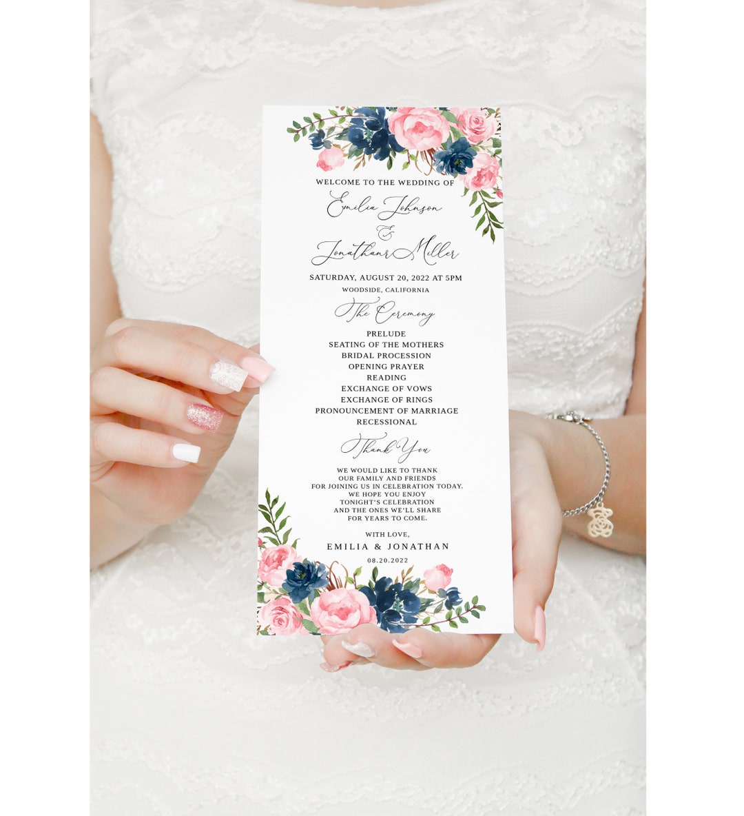 Navy Pink Wedding Program Template, Floral Wedding Program, Printable ...