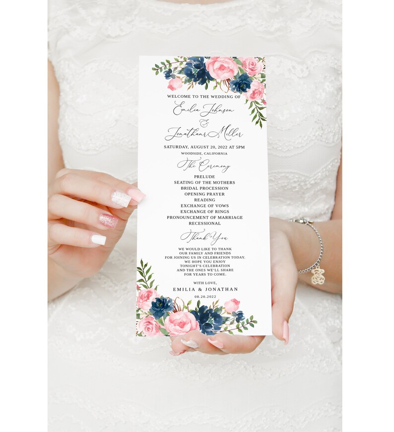 Navy Pink Wedding Program Template Floral Wedding Program - Etsy