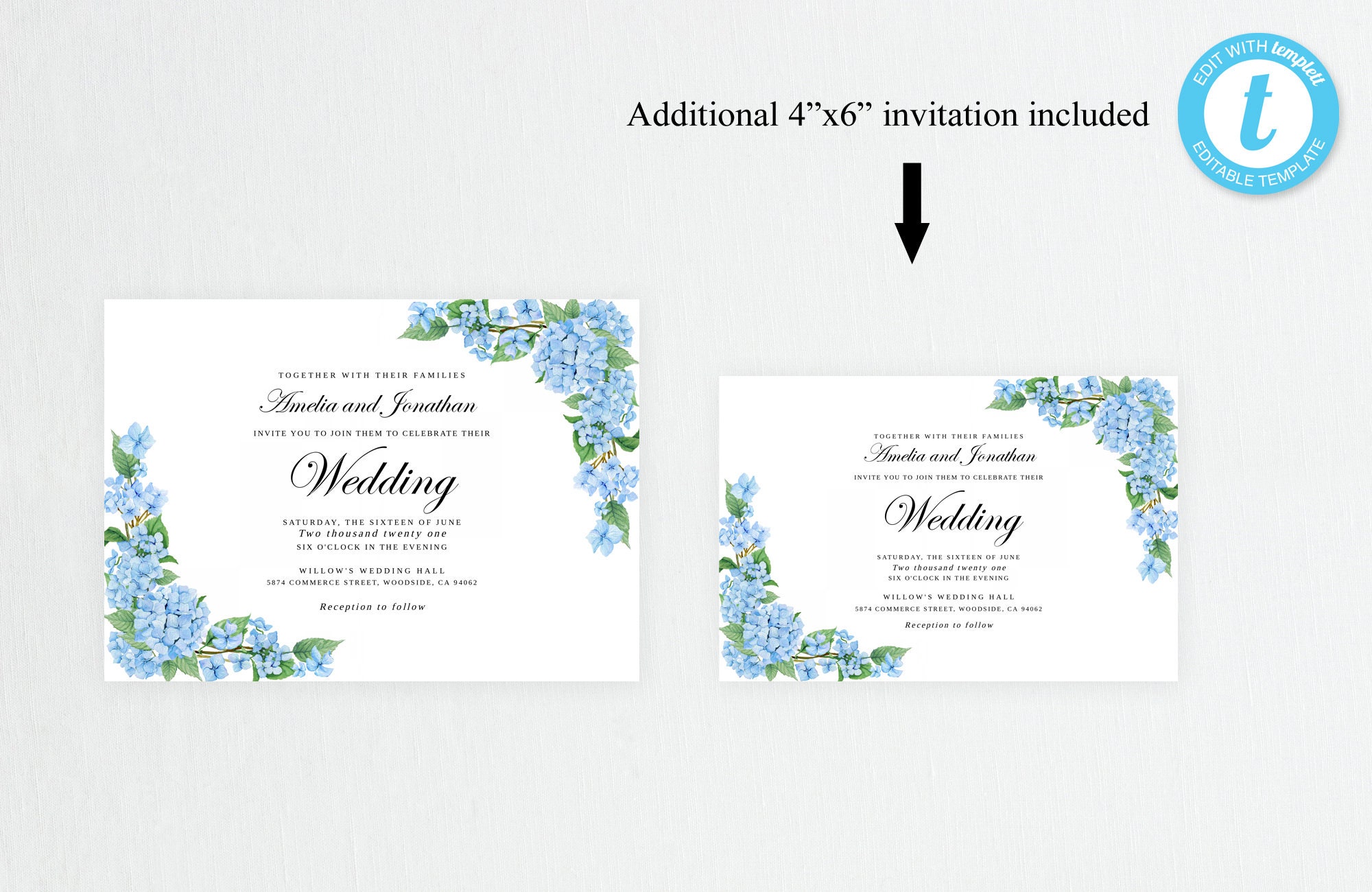 Blue Hydrangea Wedding Invitation Printable Wedding - Etsy