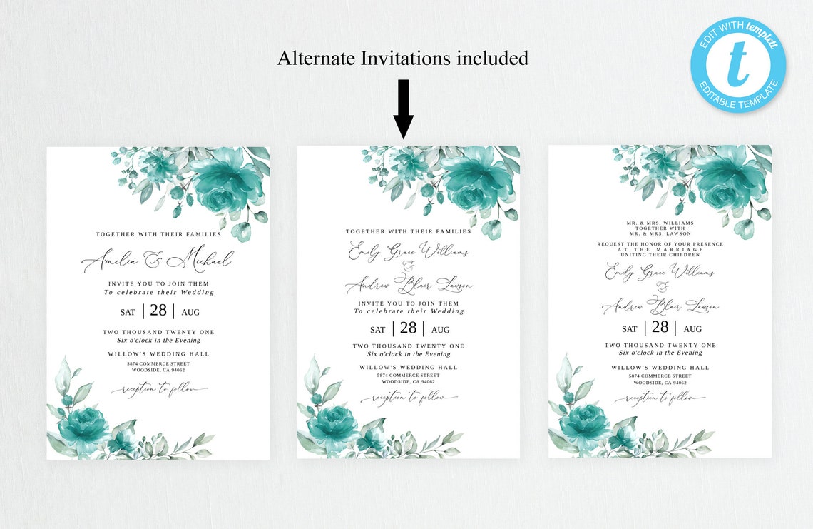 Teal Wedding Invitation Template, Turquoise Wedding Invitation ...