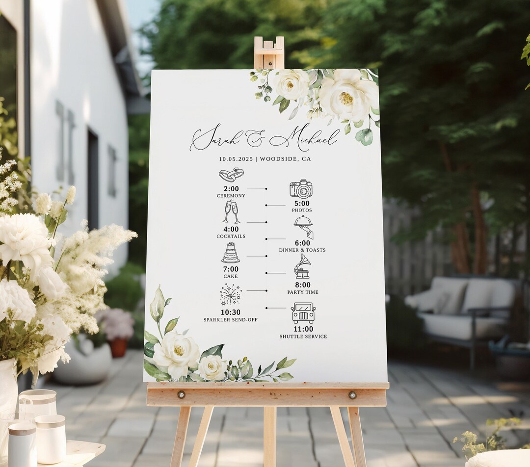 White Floral Wedding Timeline Sign, White Wedding Order of the Day Sign ...