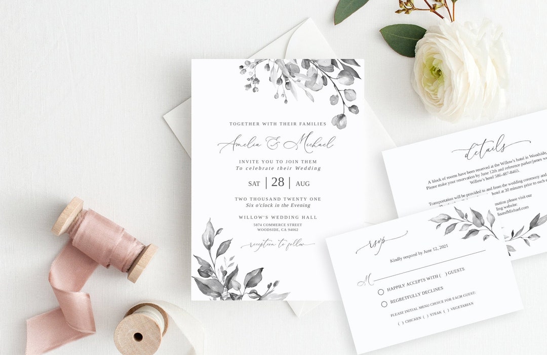Gray Wedding Invitation Template, Black and White Wedding Invitation ...