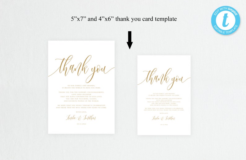 Gold Thank You Card Gold Wedding Thank You Card Template - Etsy