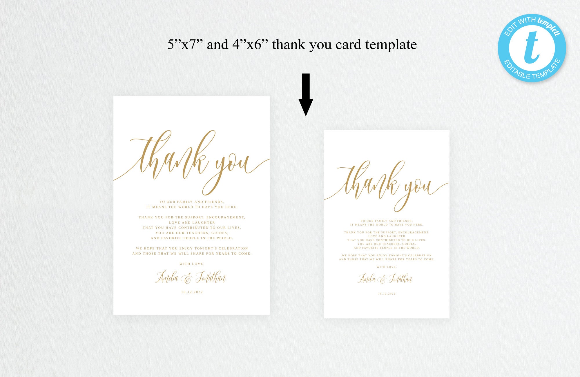 Gold Thank You Card, Gold Wedding Thank You Card Template, Thank You ...