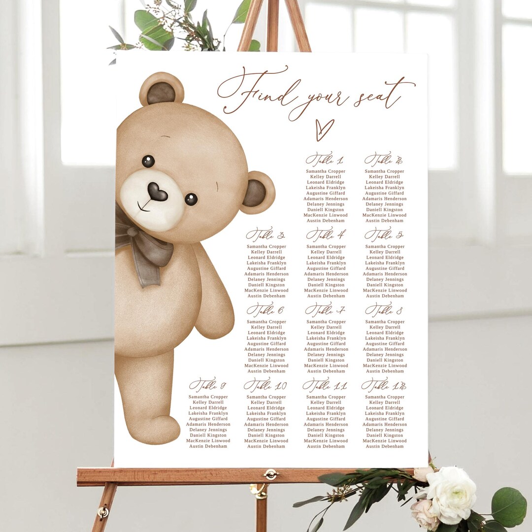 Teddy Bear Baby Shower Seating Chart, Editable Guest Plan, Gender ...