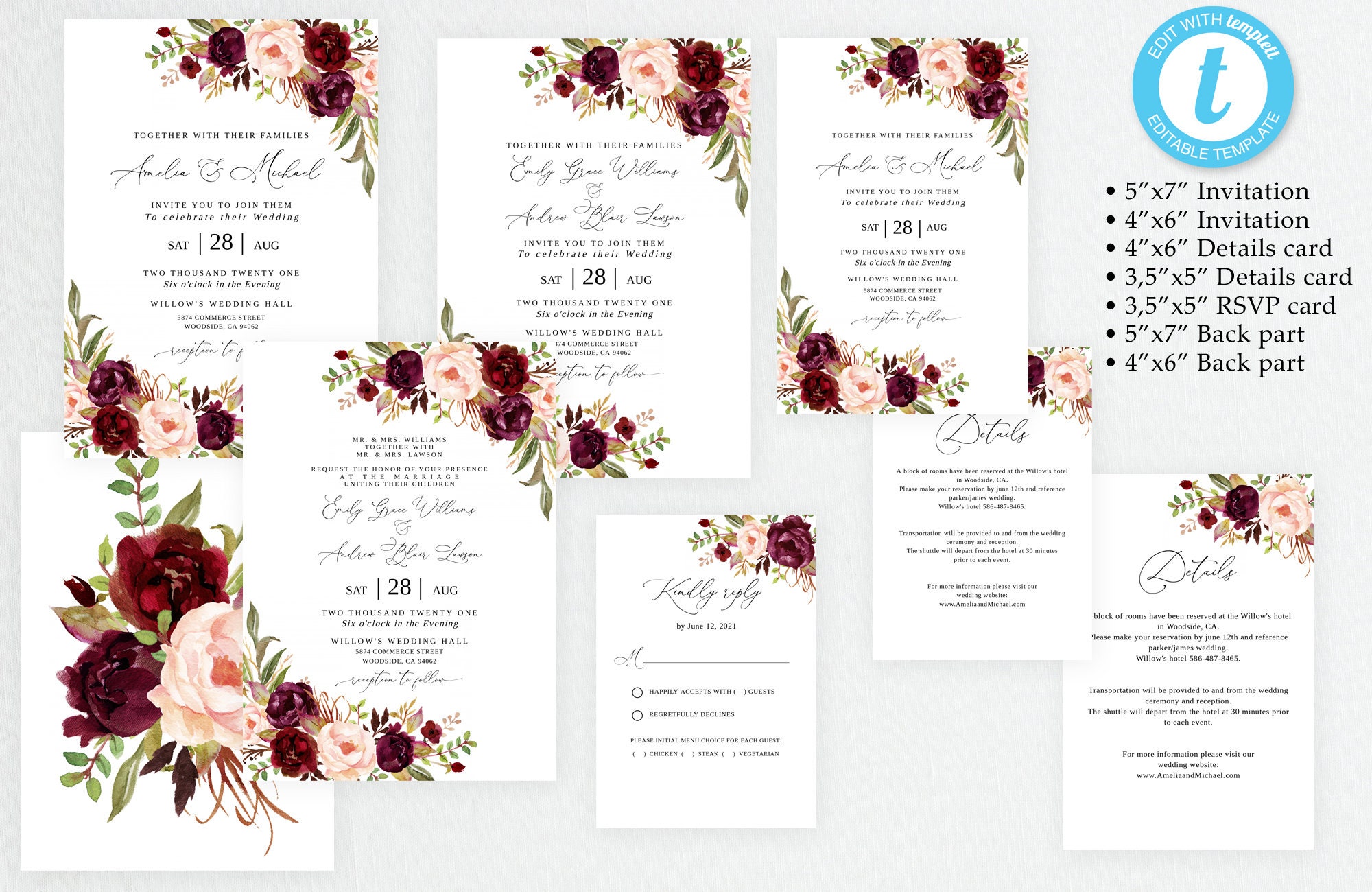 Burgundy Wedding Invitation Template Marsala Wedding - Etsy