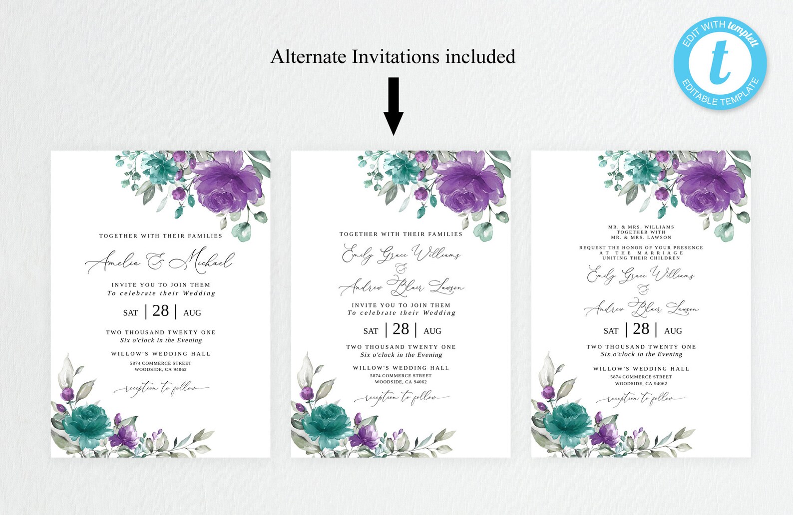 Purple and Teal Wedding Invitation Template, Teal and Lavender Wedding ...