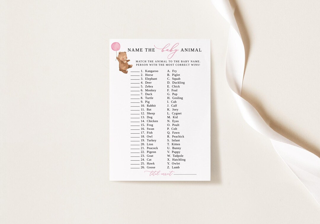 Name the Baby Animal Game, Pink Bear Girls Baby Shower Games, Editable ...