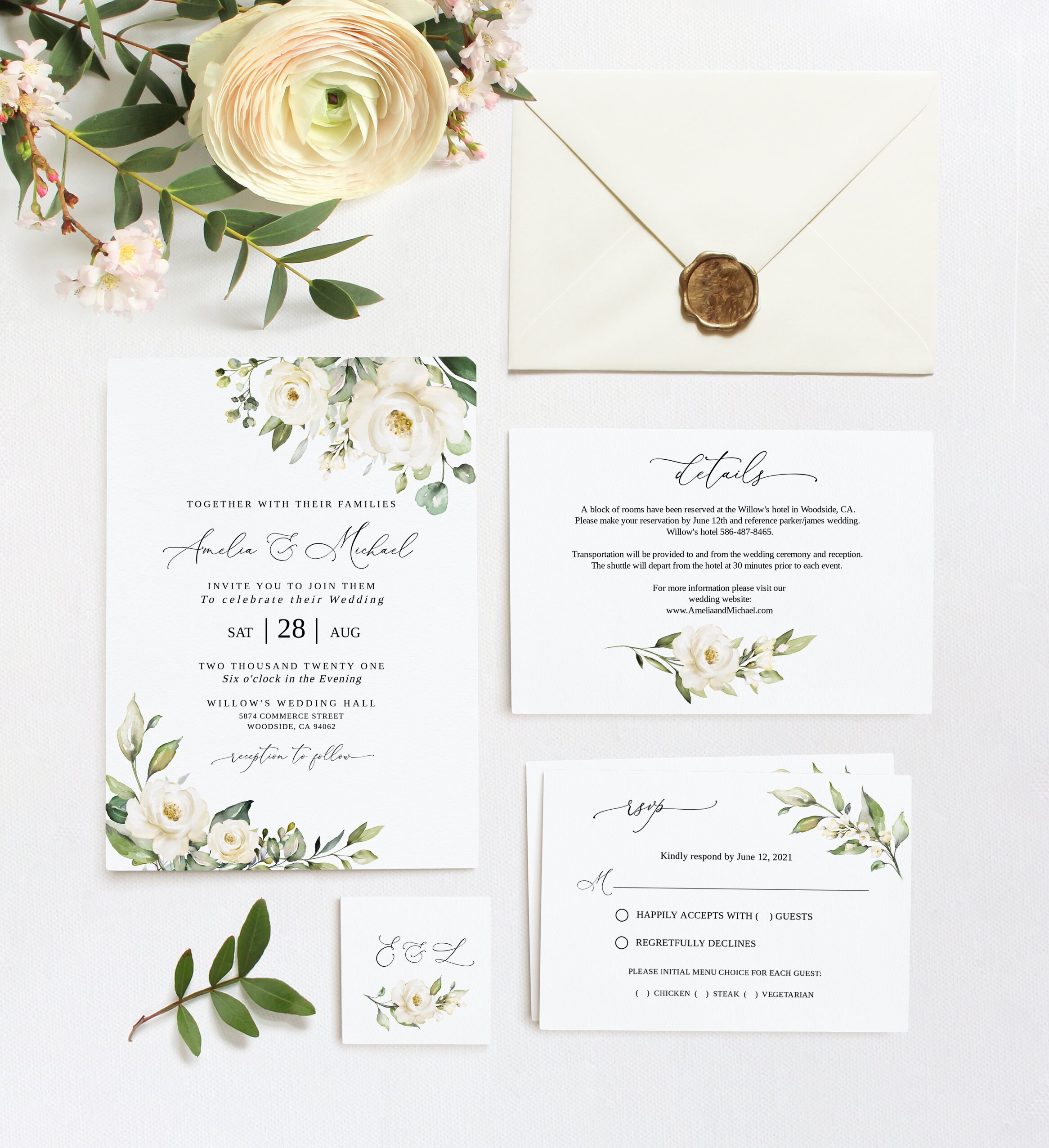 White Floral Wedding Invitation Suite White Roses Wedding - Etsy