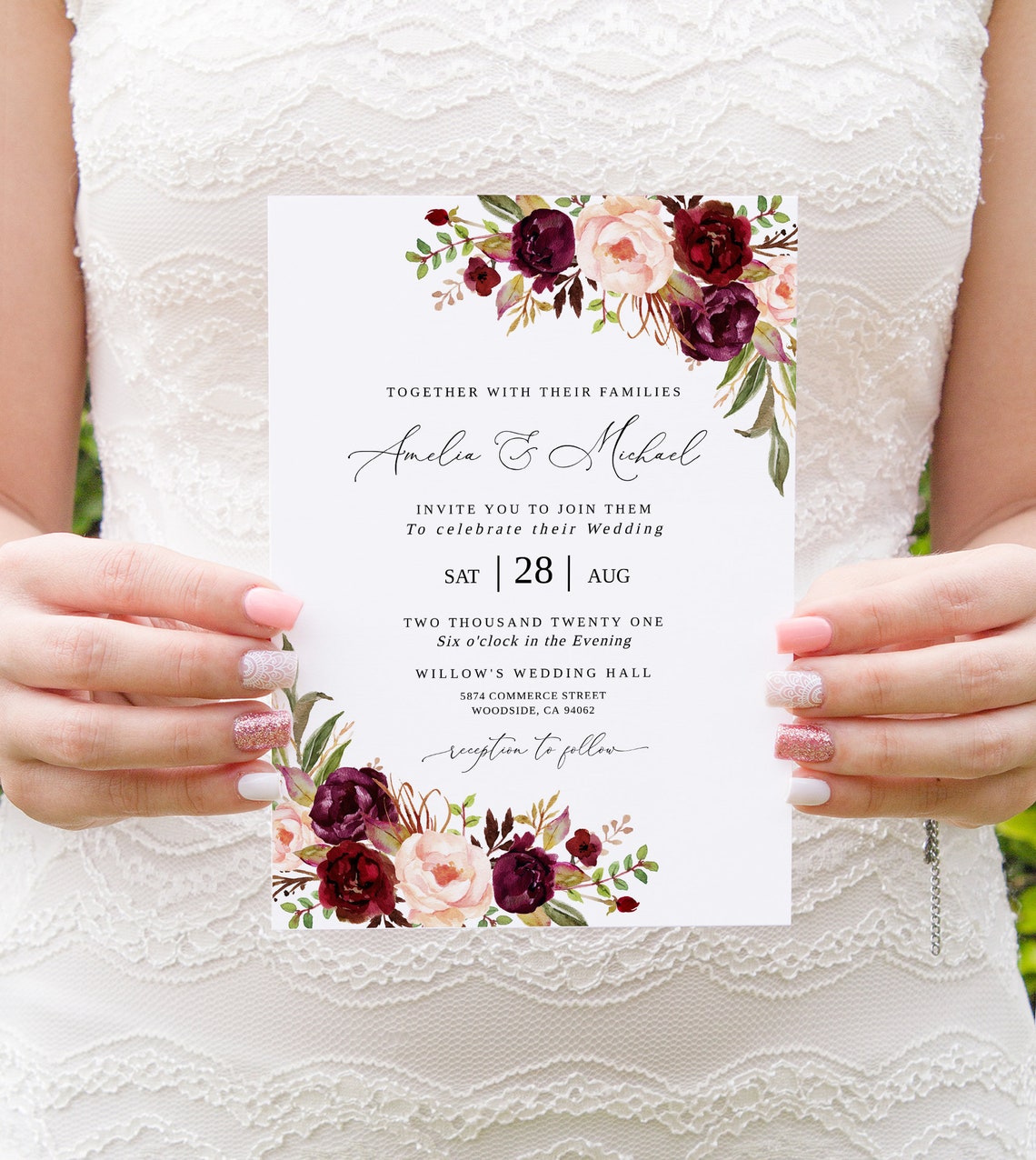 Burgundy Wedding Invitation Template Marsala Wedding - Etsy