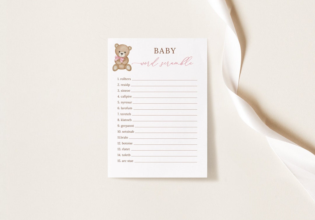 Baby Word Scramble Game Template, Teddy Bear Baby Shower Quiz, Editable ...