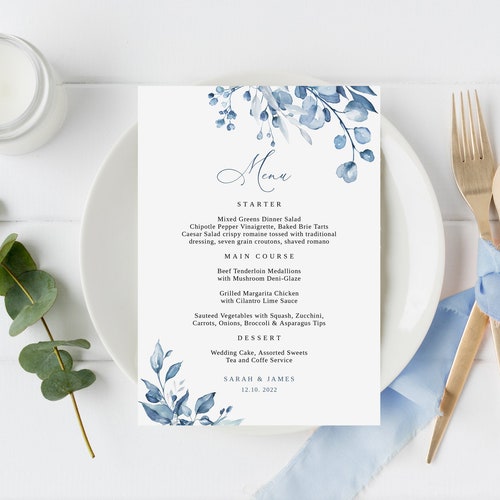 Dusty Blue Wedding Menu Template Blue Floral Printable Menu - Etsy
