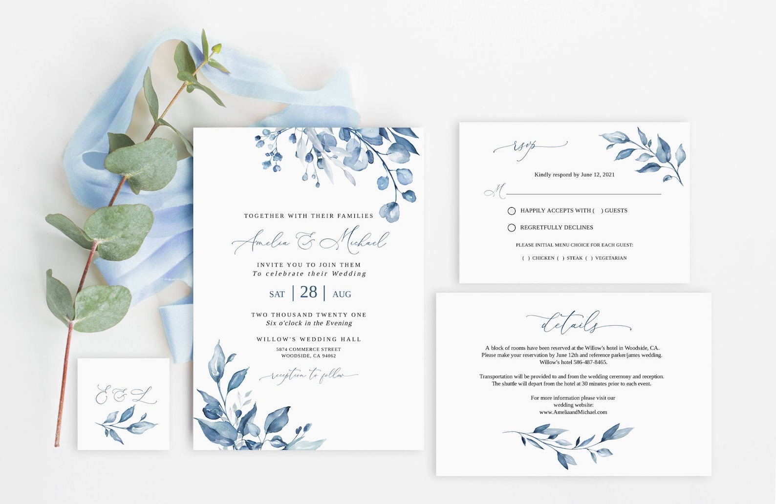 Dusty Blue Wedding Invitation Template, Blue Wedding Invitation ...