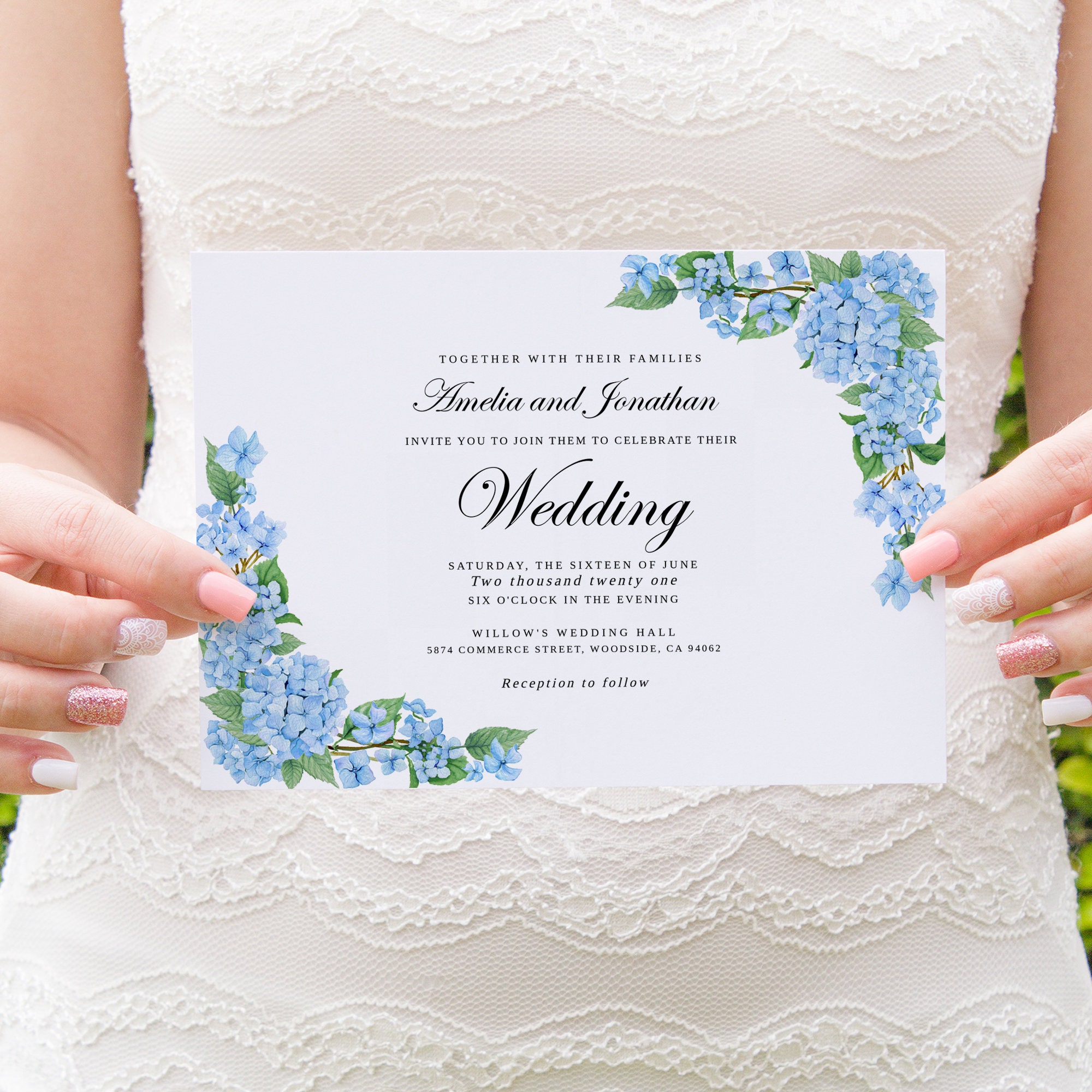Blue Hydrangea Wedding Invitation Printable Wedding - Etsy