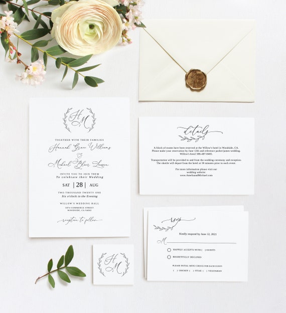 Monogram Wedding Invitation Elegant Wedding Invitation | Etsy