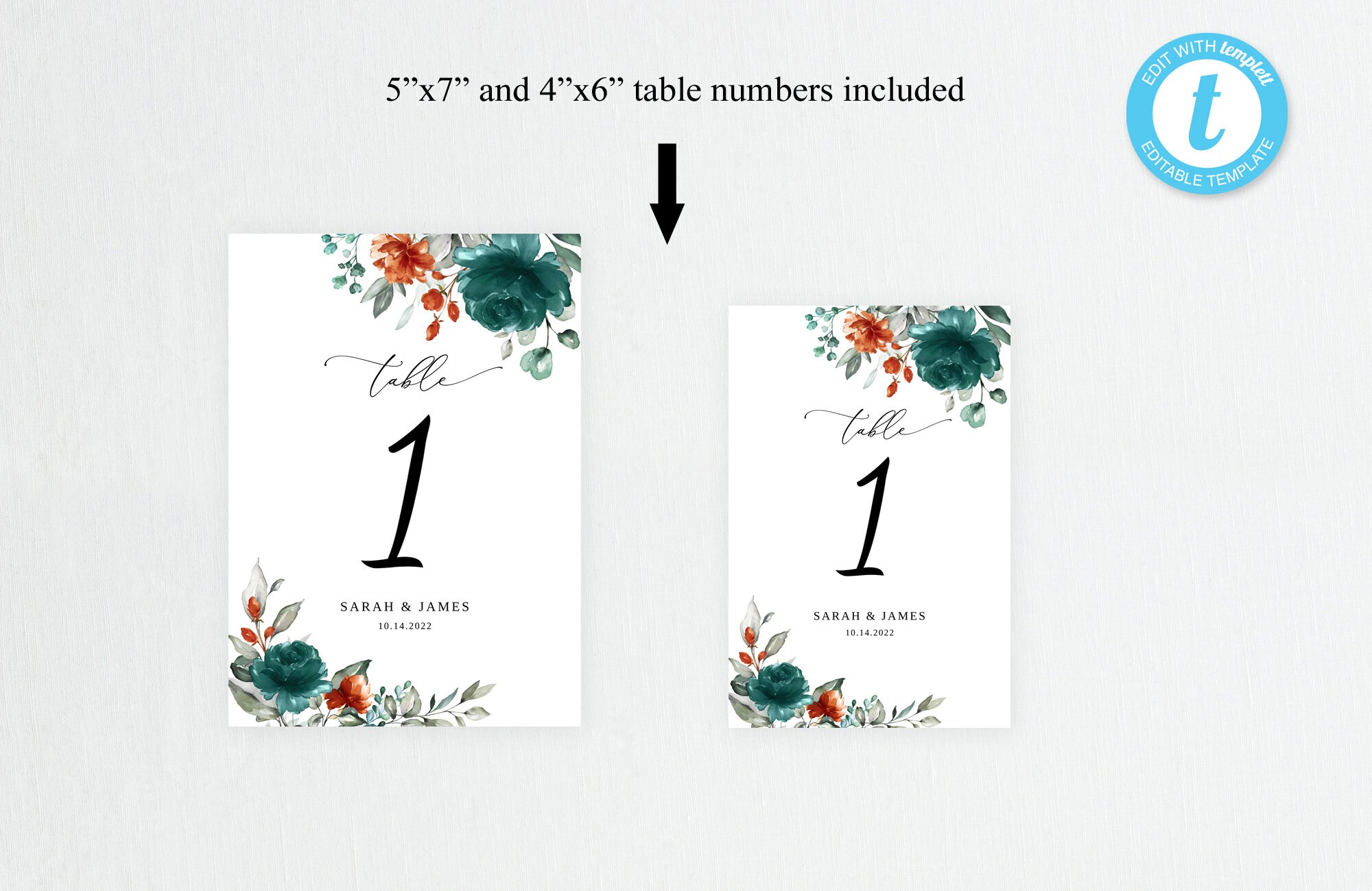 Teal Orange Wedding Table Numbers, Teal Orange Table Number Template ...