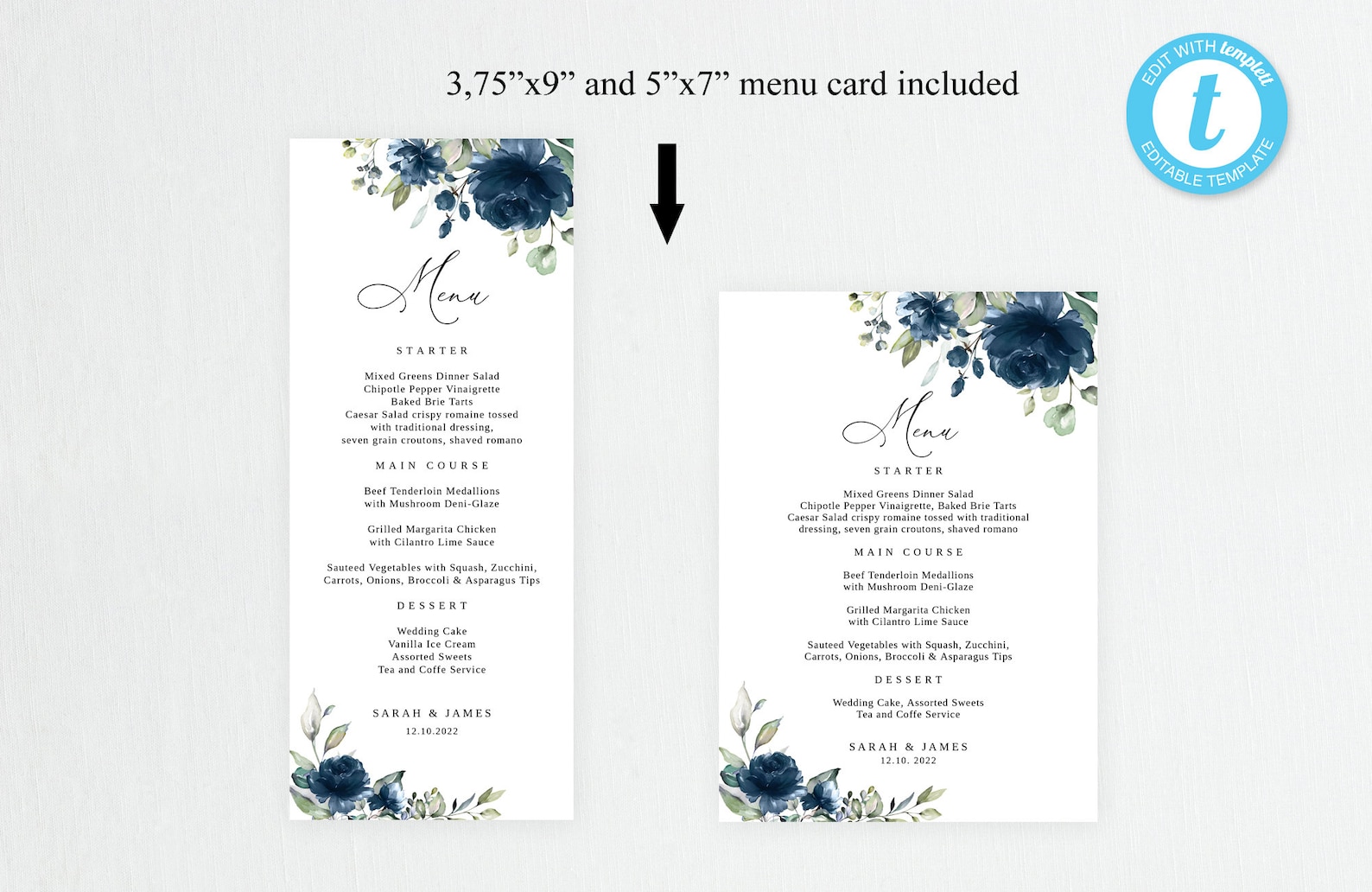 Navy Wedding Menu Template Blue Wedding Menu Floral Wedding - Etsy
