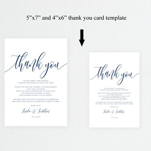 Navy Thank You Card, Blue Wedding Thank You Card Template, Navy Thank ...