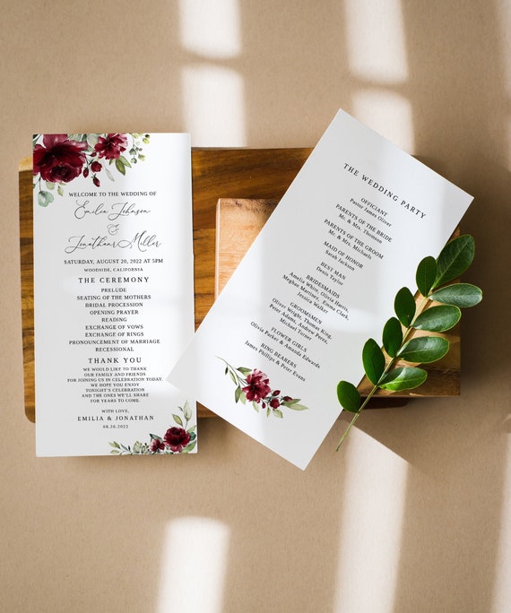 Burgundy Wedding Program Template Dark Red Wedding Program - Etsy
