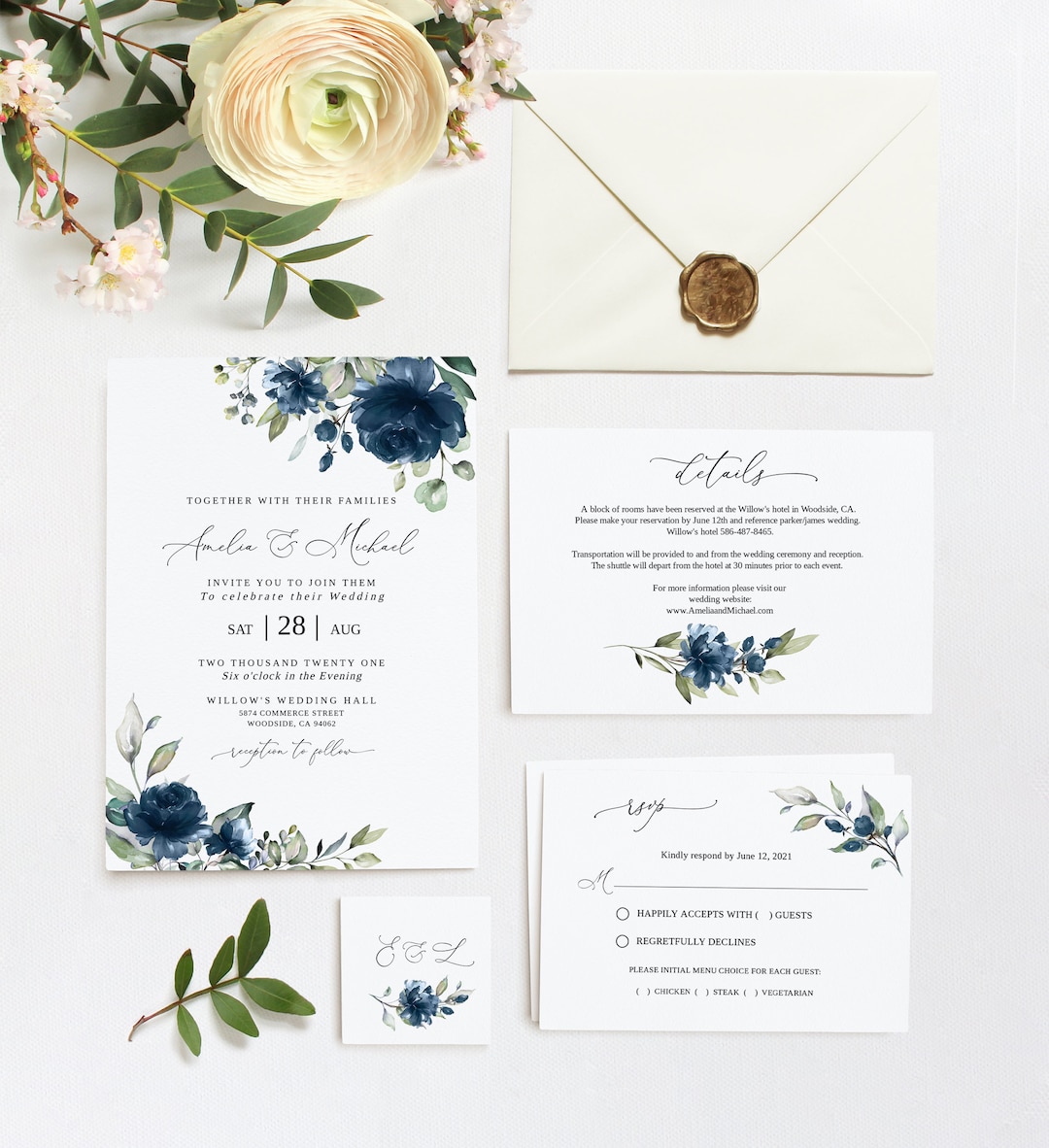 Navy Wedding Invitation Template, Blue Wedding Invitation, Editable ...