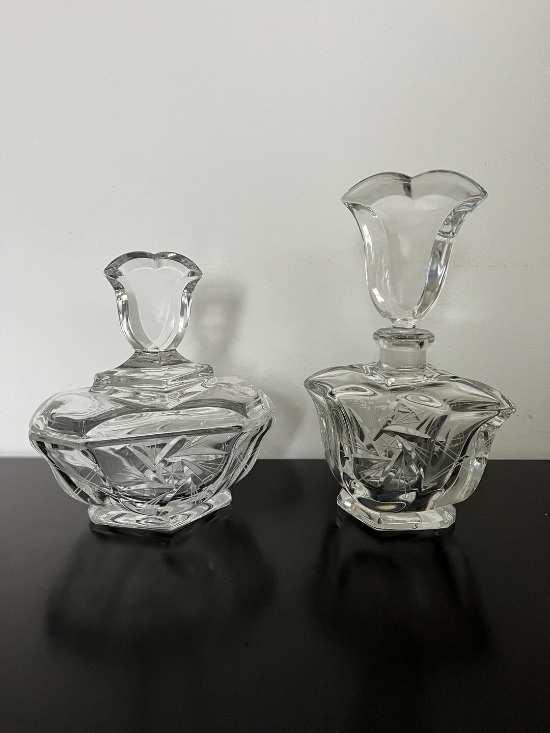 Vintage Crystal Glass Tulip Shaped Podwer Box and Perfume Bottle Set - Etsy