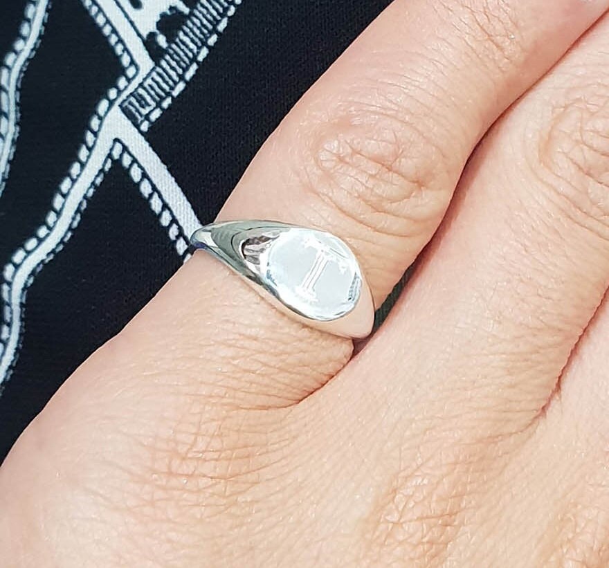 SILVER PINKY RING Custom Initial Ring Engraved Alphabet Oval | Etsy