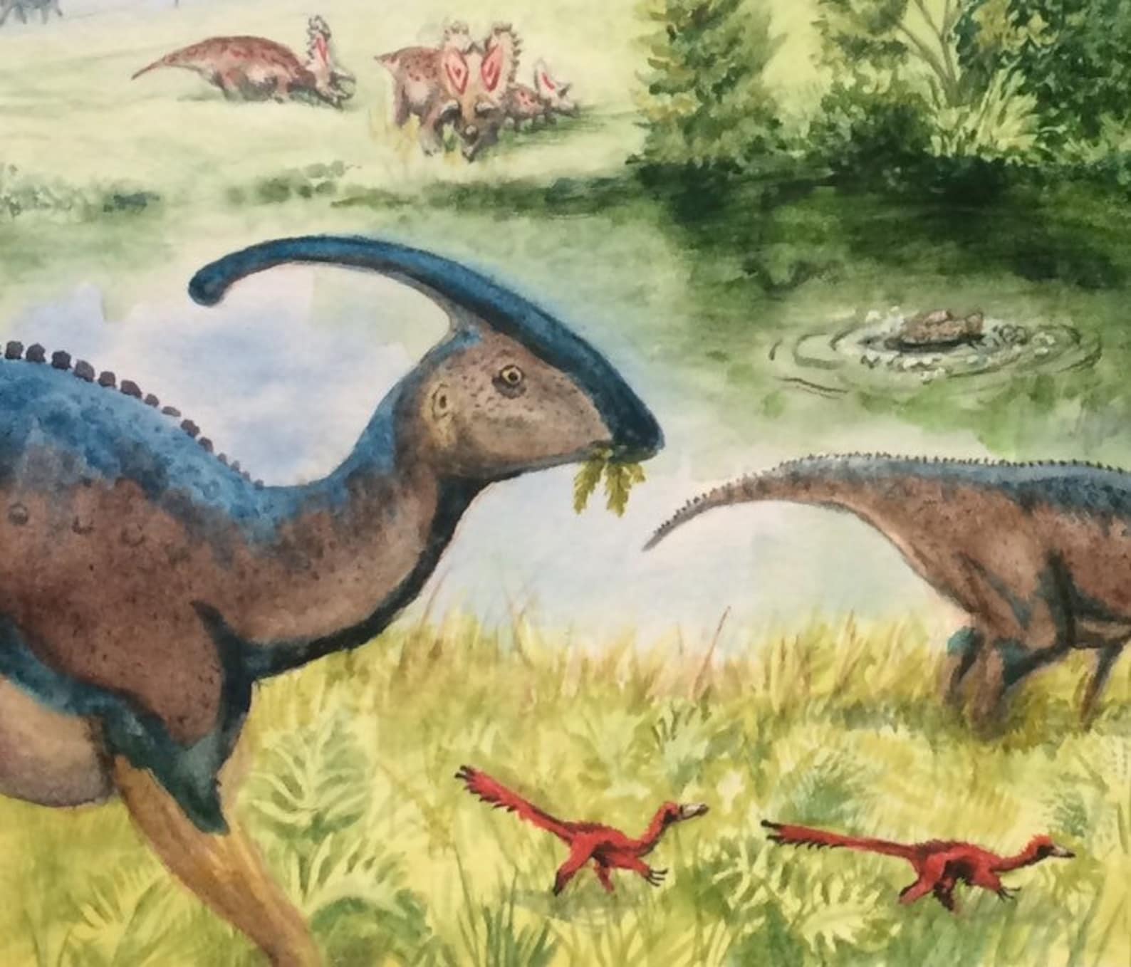 Parasaurolophus Family by the Lake, Fine Art Print, Dinosaurs, Paleoart ...